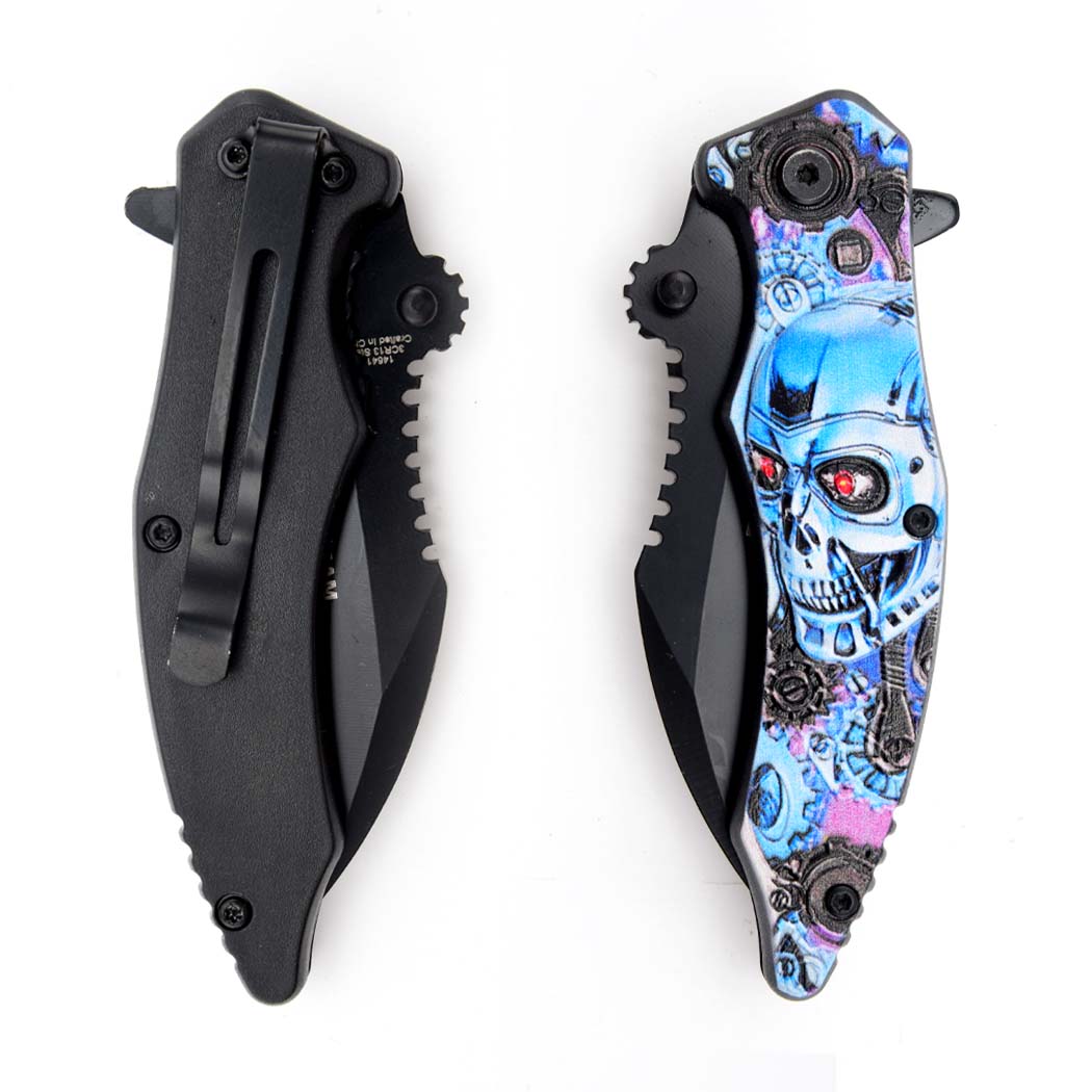 14641 - Defender-Xtreme 7.85" Skull Design ABS Handle Blue 3CR13 Steel ...